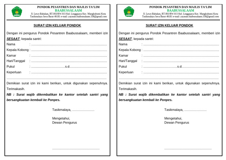 Surat Izin Keluar Ponpes 2 | PDF