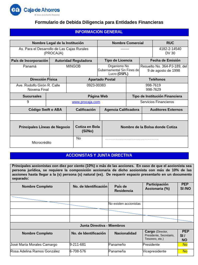 Formulario de Debida Diligencia para Entidades Financieras Vo | PDF ...