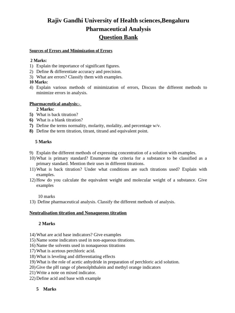 Pharma Analysis 1st Sem QP Bank | PDF | Titration | Chemistry