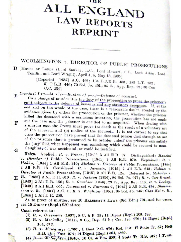 Woolmington V DPP (1935) ALLER 1 | PDF