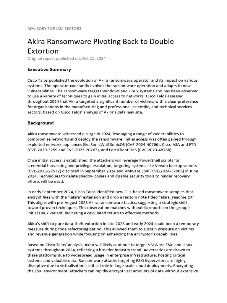 Akira Ransomware Pivoting Back To Double Extortion | PDF | Ransomware ...