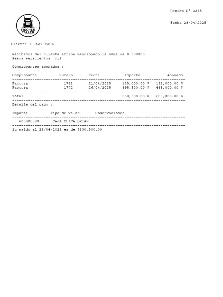 Recibo N°3315 Jean Paul | PDF