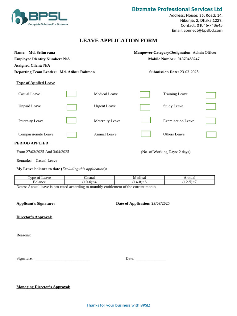 Leave Application Form for BPSL Employees | PDF | Working Time | Social ...