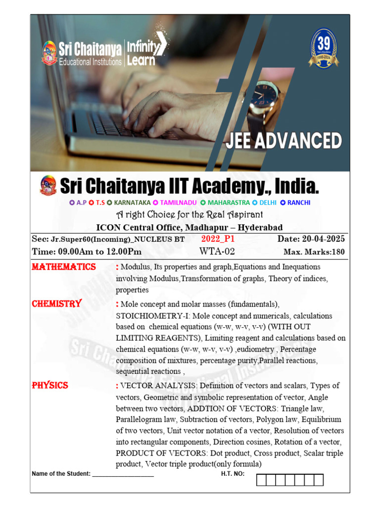 20-04-2025 JR - Super60 (Incoming) NUCLEUS BT Jee-Adv (2022-P1) WTA-02 Q. Paper | PDF ...