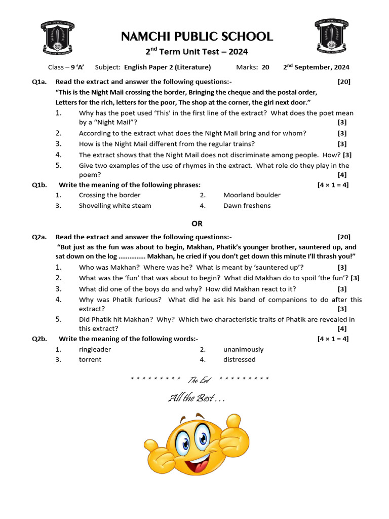 2nd Term 2024 Class 9A Unit Test English Literature | PDF | Poetry