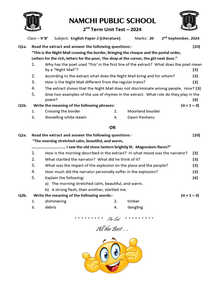 2nd Term 2024 Class 9B Unit Test English Literature | PDF | Poetry