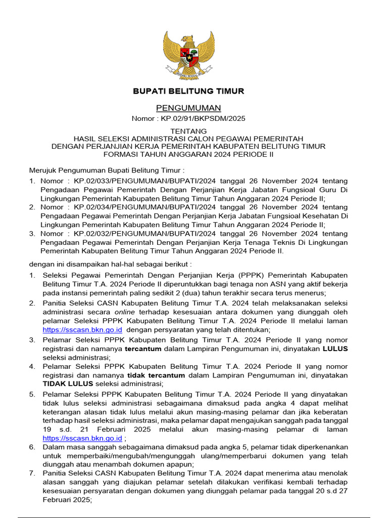 20250214150913pengumuman Hasil Seleksi Administrasi Pra Sanggah PPPK Ta.2024 - Tahap II | PDF