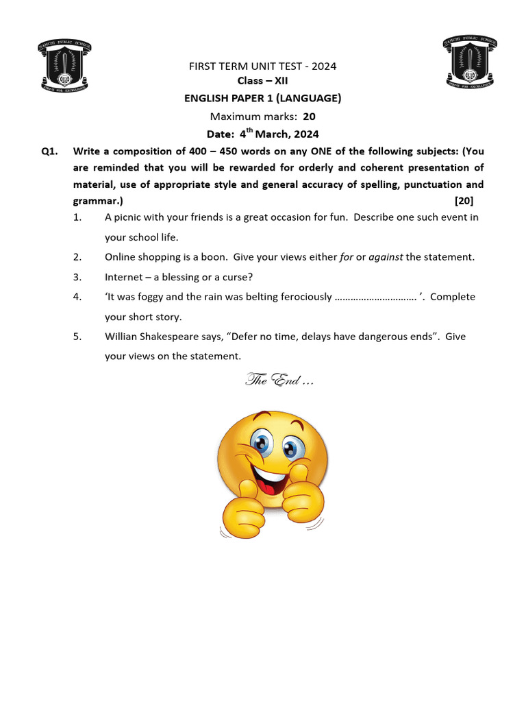 Class 11 English Language First Term Unit Test 2024 | PDF