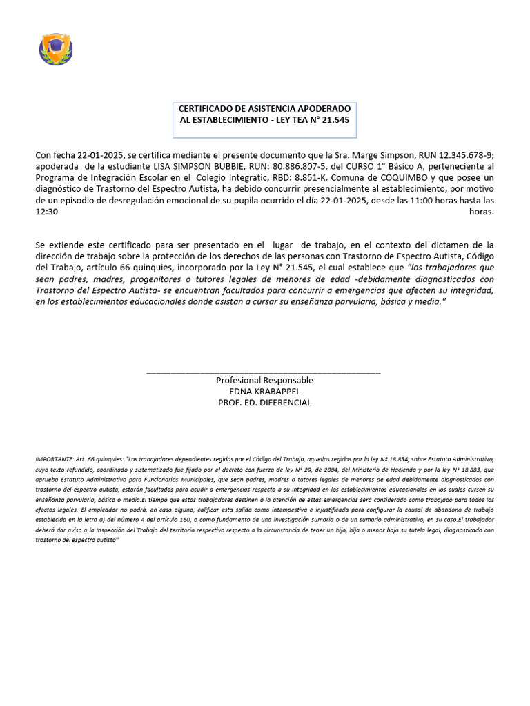 Certificado de Asistencia Apoderado Al Establecimiento Ley TEA N° 21 545 EJEMPLO DE DOCUMENTO ...