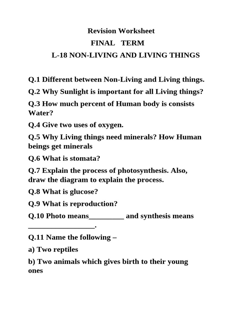 Revision Worksheet L-18 NON LIVING ND Living Things | PDF