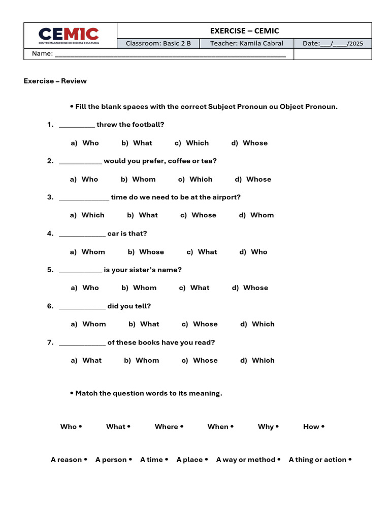 Interrogative Pronouns - Basic Two B | PDF