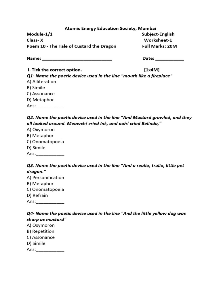 Custard the Dragon Poetic Devices Worksheet | PDF | Poetry | Poetic Devices