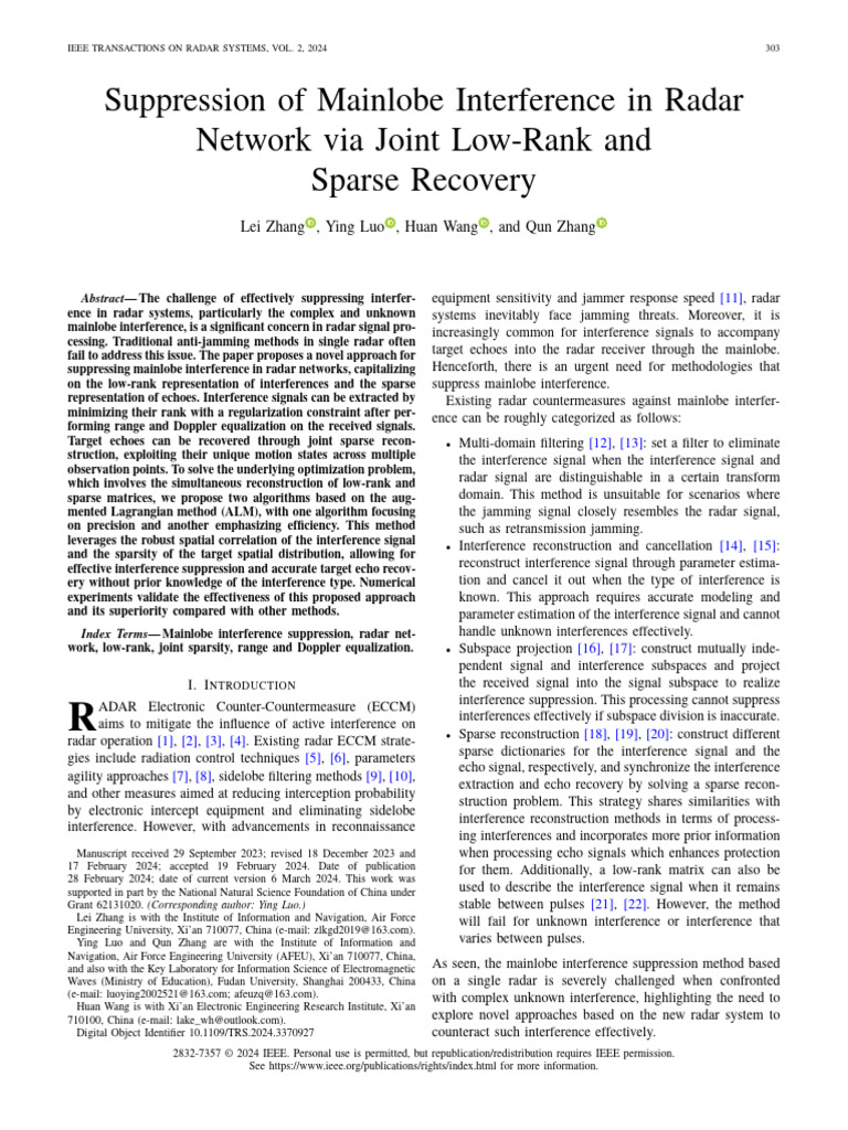 Suppression of Mainlobe Interference in Radar Network Via Joint Low-Rank and Sparse Recovery ...