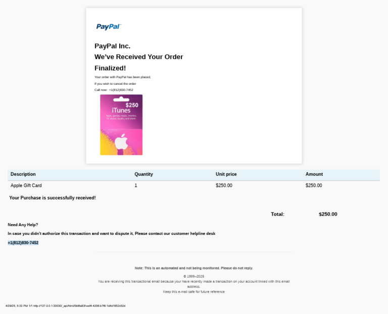 Paypal Inc. We'Ve Received Your Order Finalized! | PDF