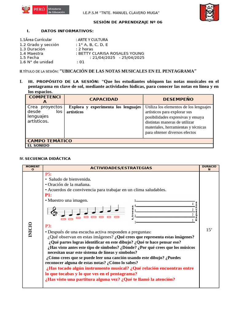 Sesión Número 6 Ubicación de Las Notas Musicales en El Pentagrama 1 ...