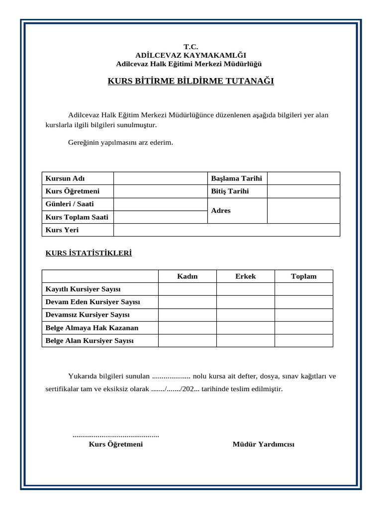 Kurs Bitirme Bildirme Tutanaği | PDF