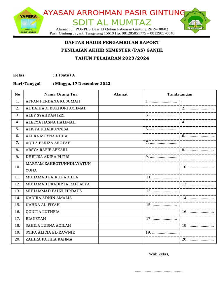 118.8. Daftar Hadir Pengambilan Raport | PDF