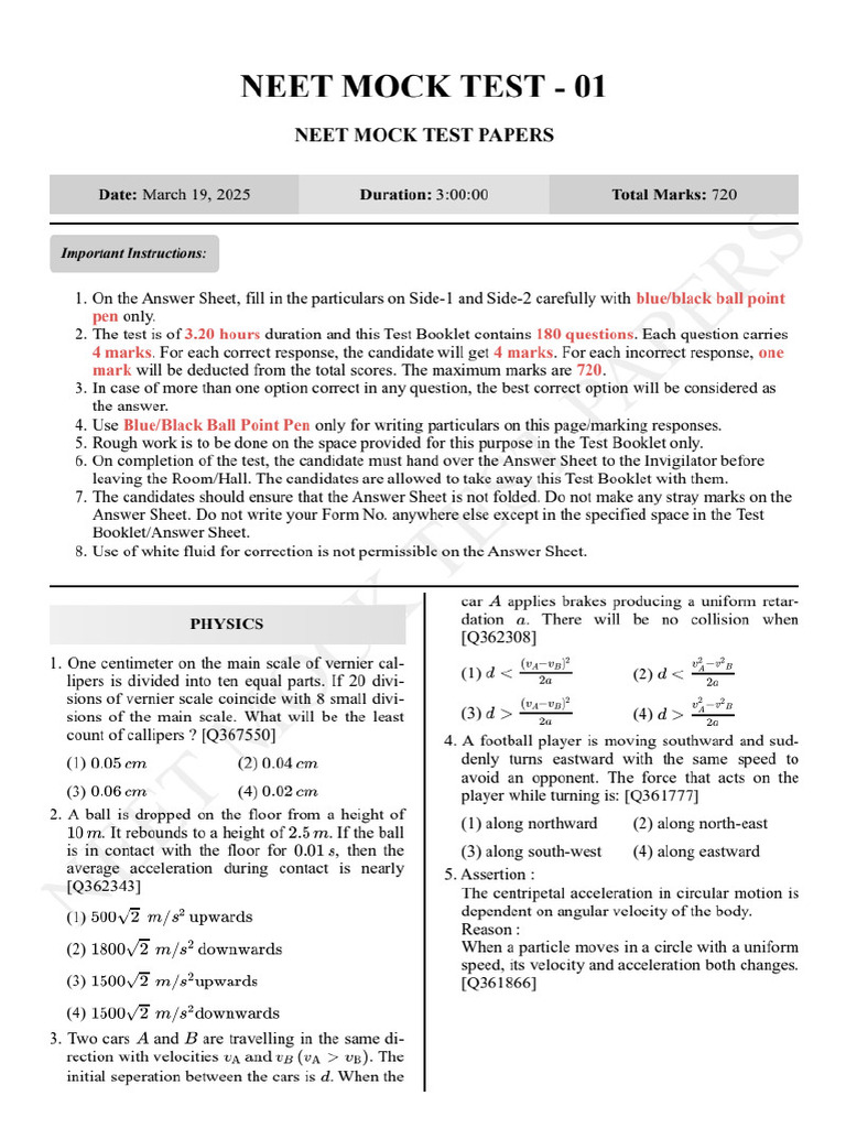 Neet Mock Test 01 | PDF