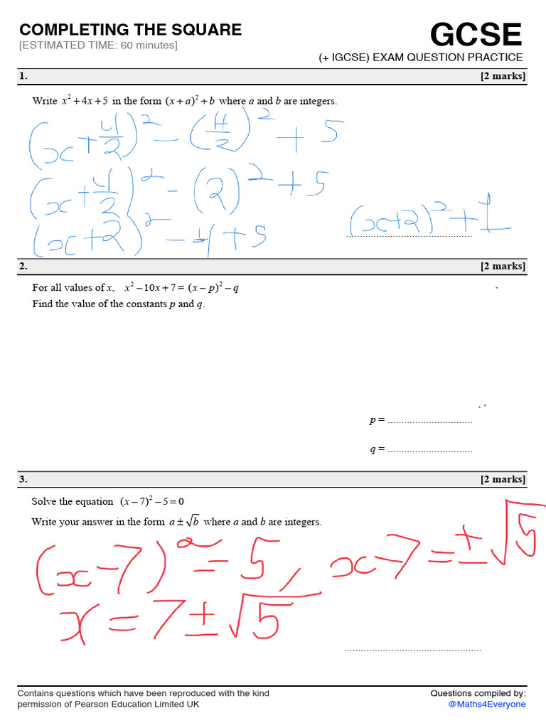 Completing the Square Practice Questions | PDF | Equations ...