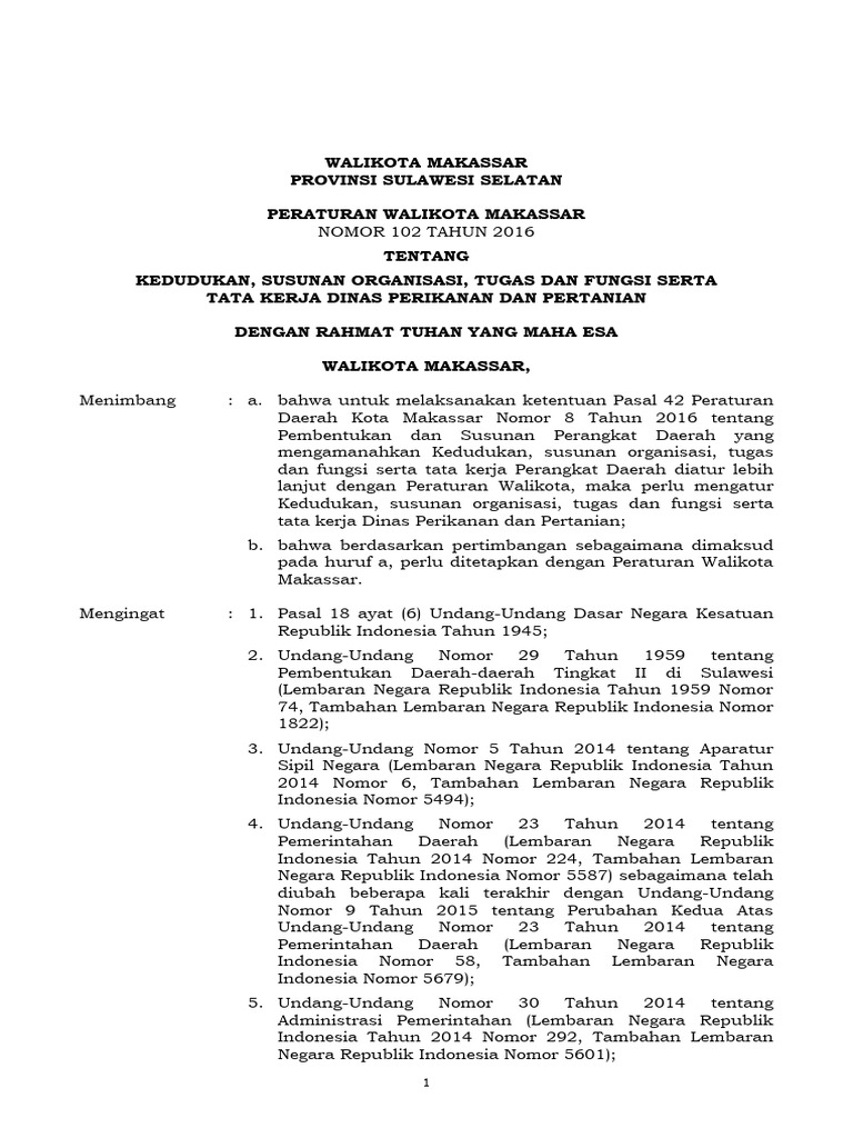 Perwali 102 Tahun 2016 Dinas Perikanan | PDF