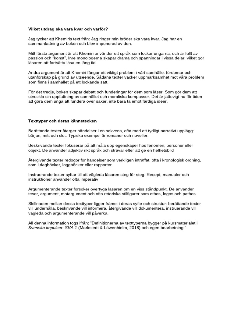 Uppgift Argumenterande text och texttyper | PDF