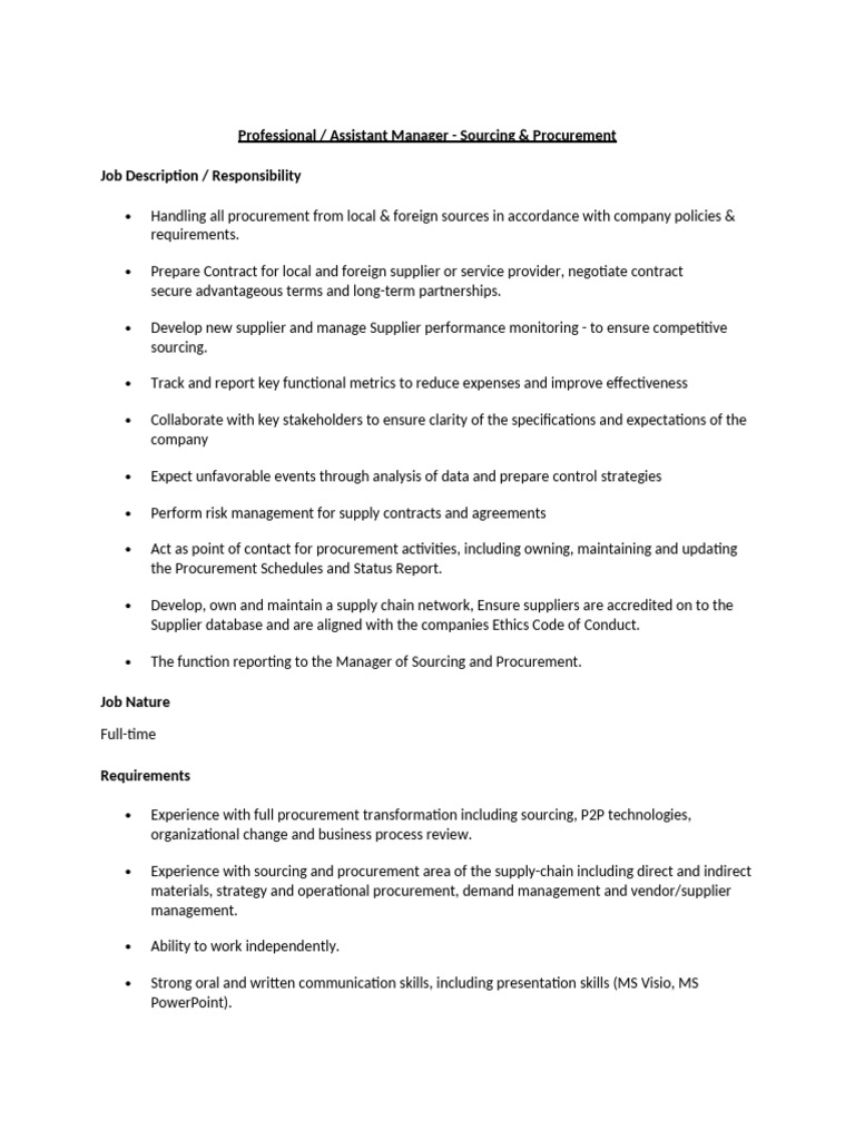 JD Sourcing Procurement Professional - Assistant Manager | PDF