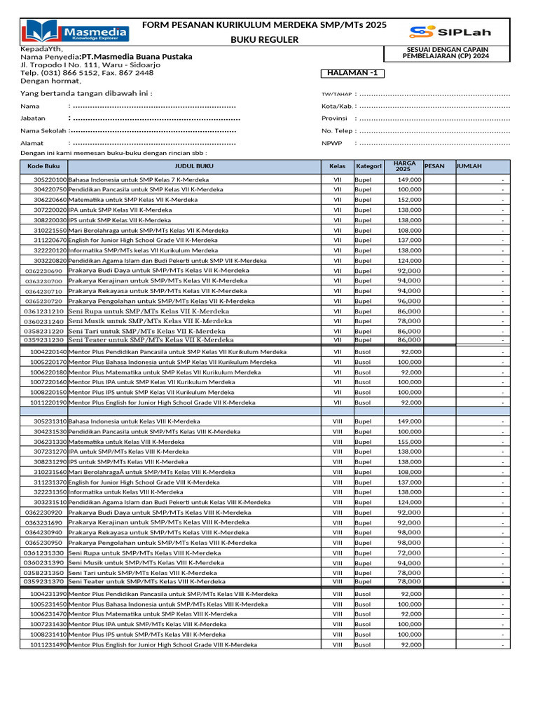 BARU-FORM PESANAN BUKU REGULER KURMER SMP&MTs 2025-MASMEDIA-1 | PDF