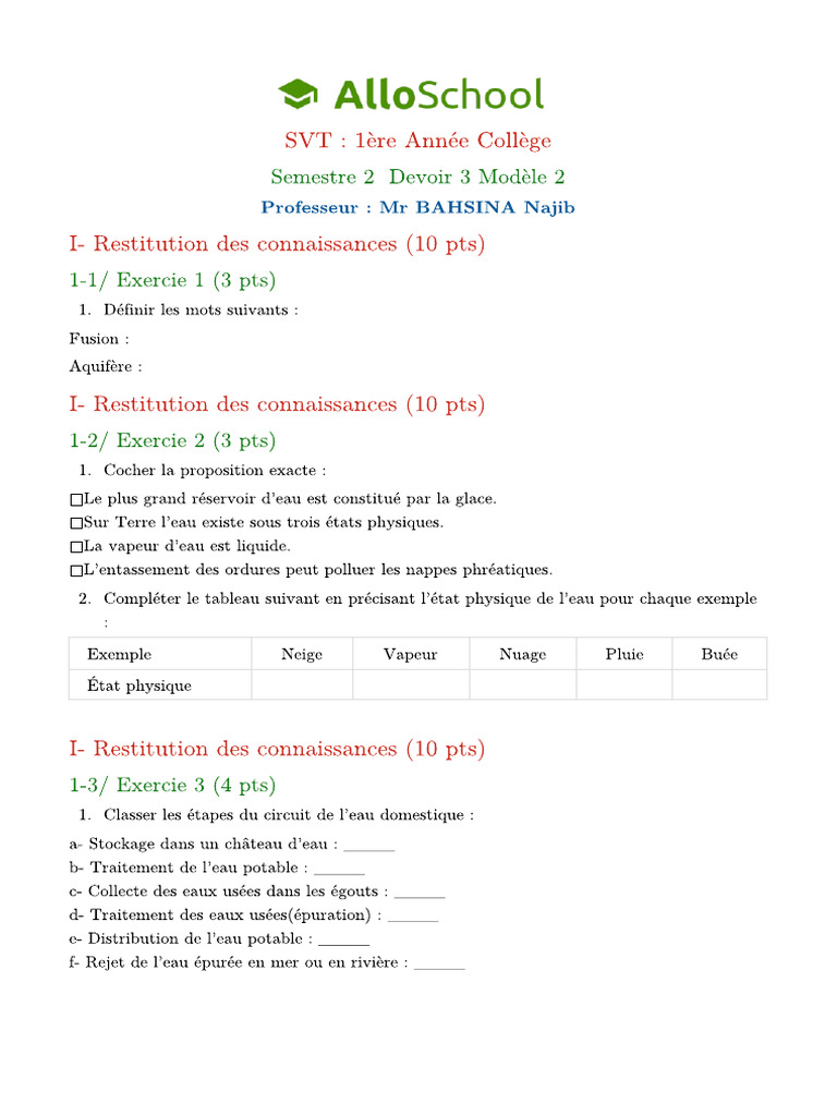 SVT 1ac Semestre 2 Devoir 3 Modele 2 1 | PDF
