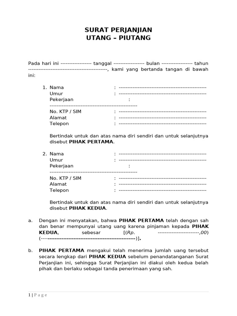 Surat Perjanjian Utang-Piutang Sah | PDF