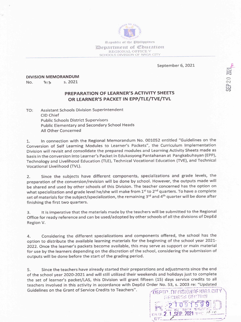 DM No. 313 S. 2021 Preparation of Learners Activity Sheets or Learners Packet in EPP TLE TVE and ...