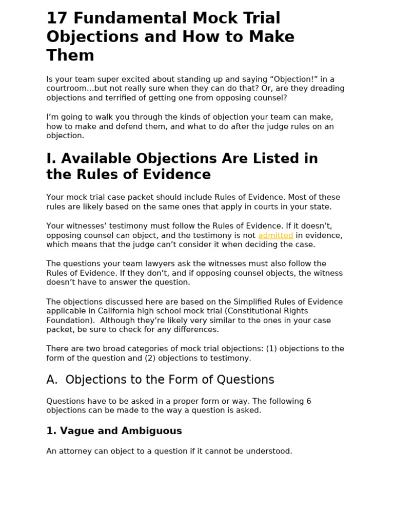 17 Fundamental Mock Trial Objections and How To Make Them | PDF ...