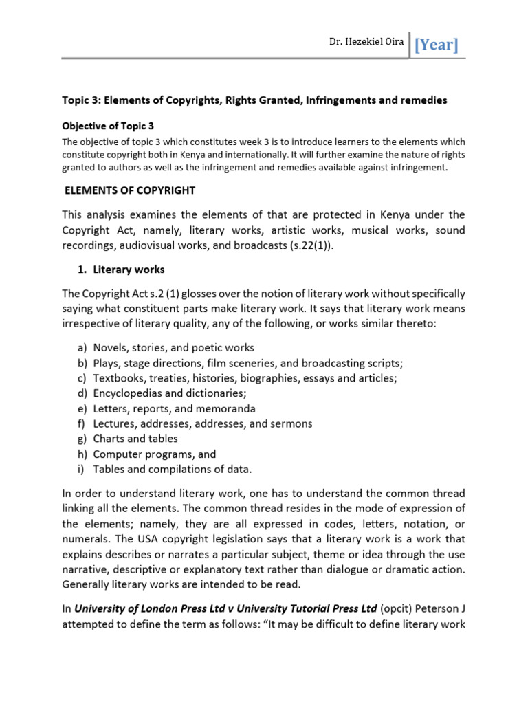 Topic 3 - Elements of Copyrights, Rights Granted, Infringements and ...