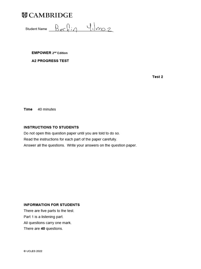 A2 Progress Test 2 Instructions | PDF
