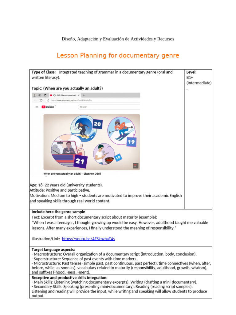 Lesson Planning Documentary Genre Activity | PDF | Reading ...