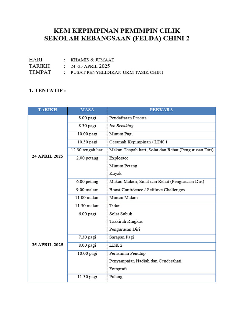 Ajk & Tentatif Kem Kepimpinan Pengawas | PDF
