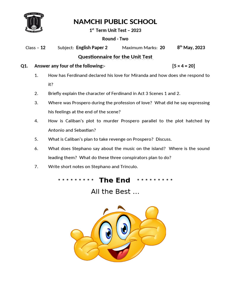 2023 First Term Unit Test Class 12 Second Round English Literature | PDF