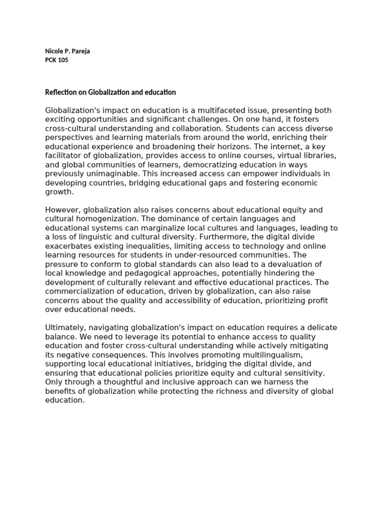 PCK105 Reflection on Globalization and education | PDF