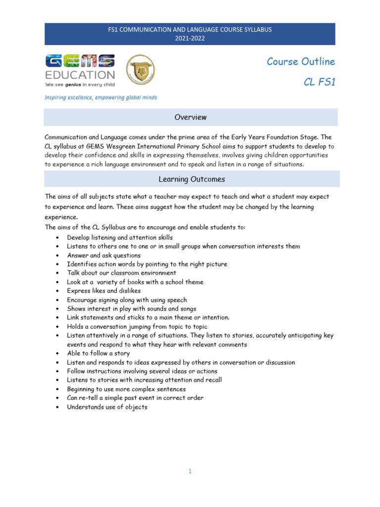 FS1 CL Syllabus Overview | PDF | Communication | Conversation