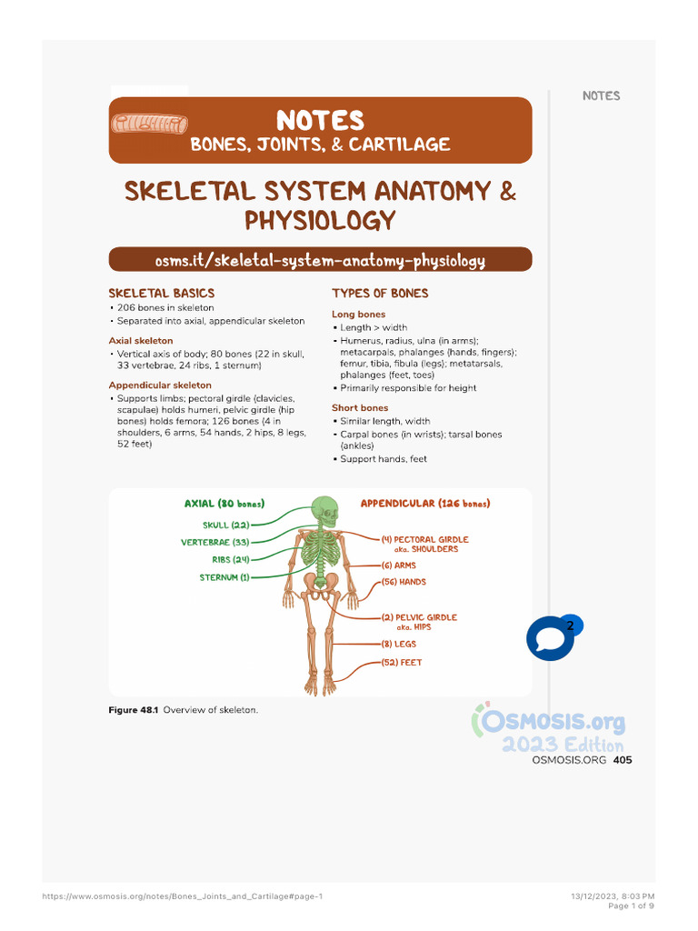 Bones Joints and Cartilage Notes - Diagrams & Illustrations - Osmosis | PDF