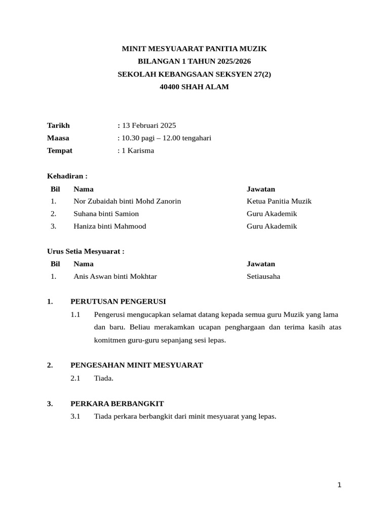 MINIT MESYUAARAT PANITIA MUZIK BIL 1 2025_2026 | PDF
