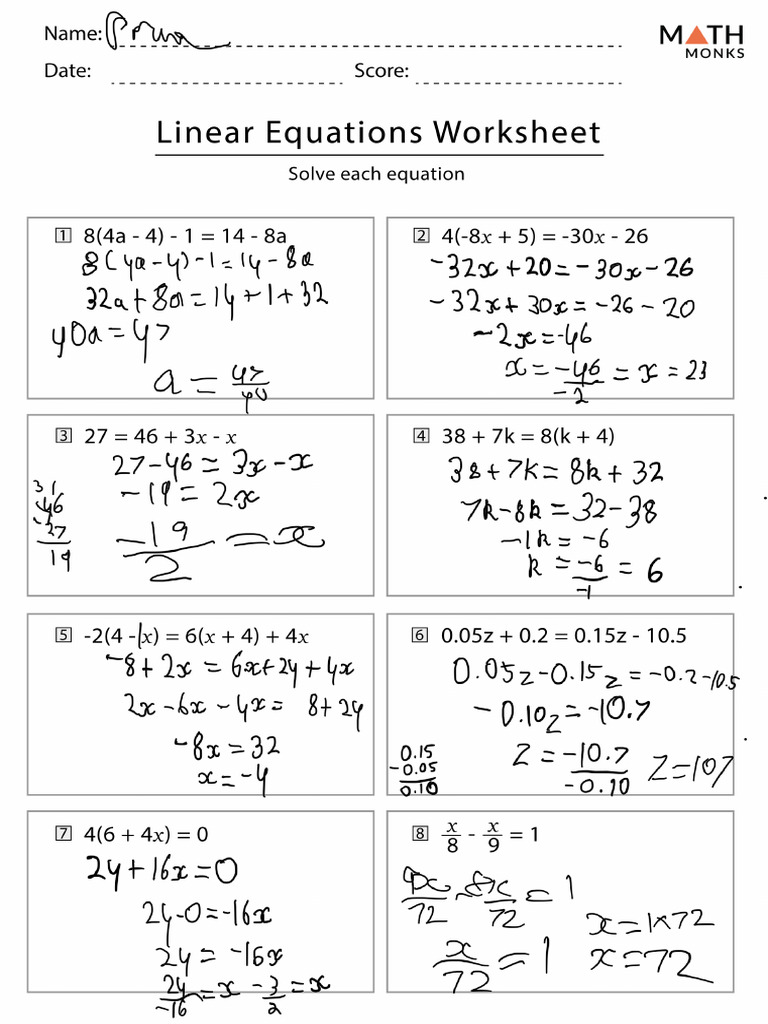 7th Grade Linear Equations Worksheet | PDF