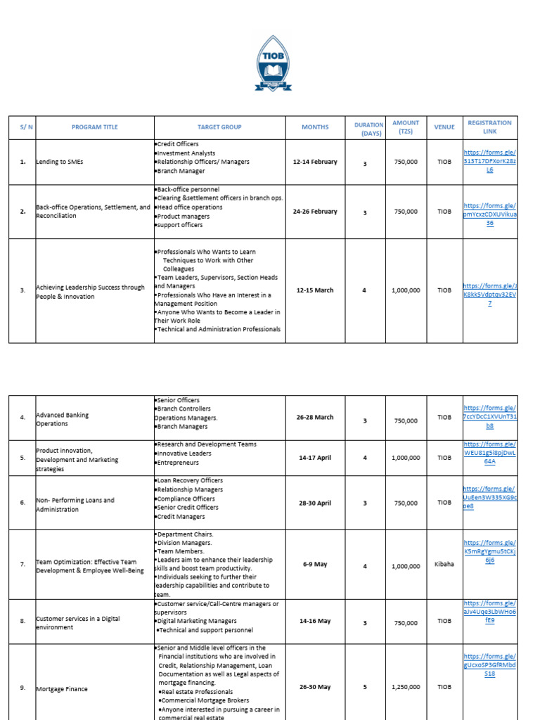 TIOB Training Calendar 2025 | PDF | Regulatory Compliance | Money