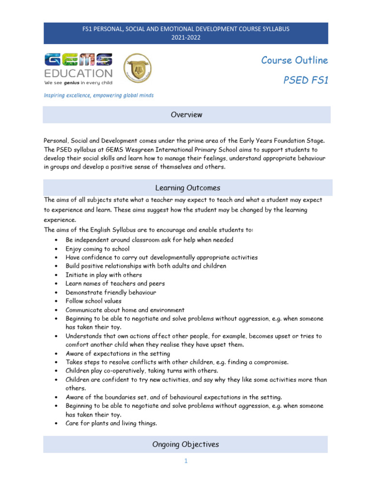 FS1 PSED Syllabus Overview | PDF | Learning | Teachers