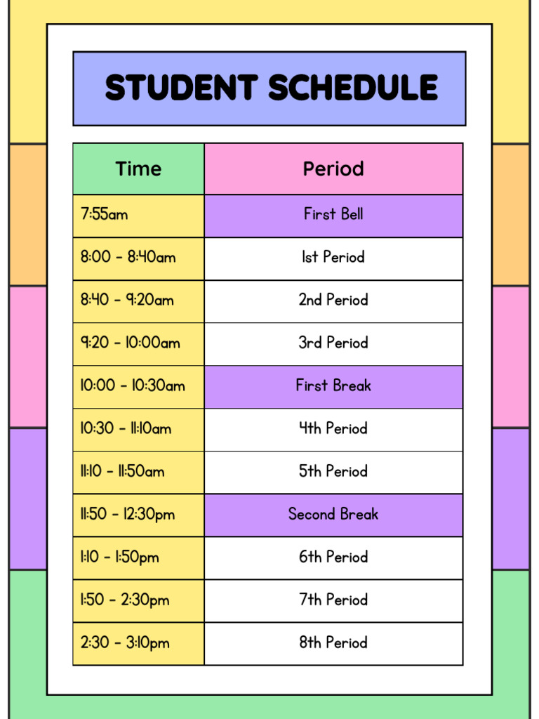 Class Schedule Document Colorful Striped Table | PDF