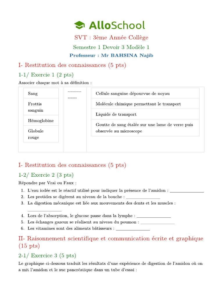 SVT 3ac Semestre 1 Devoir 3 Modele 1 1 | PDF