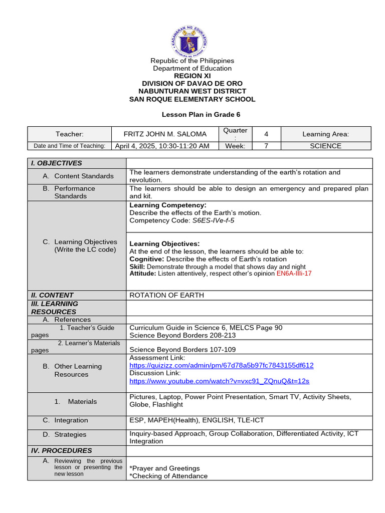 CO Science 6 Q4 2024 2025 | PDF | Rotation | Earth