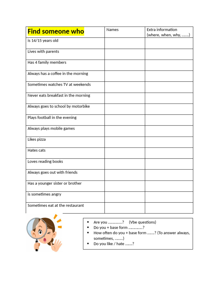 KET Speaking Part 1(Find Someone Who) | PDF