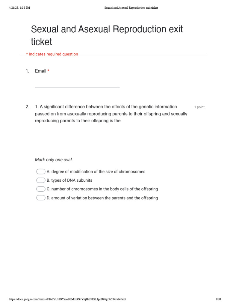 Sexual and Asexual Reproduction Exit Ticket - Google Forms | PDF ...