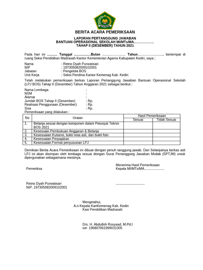 Contoh SPTJM & BA Pengumpulan LPJ BOS (Bu Retno) Desember | PDF