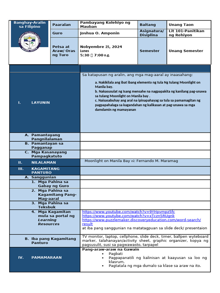 Joshua Final Banghay Aralin | PDF